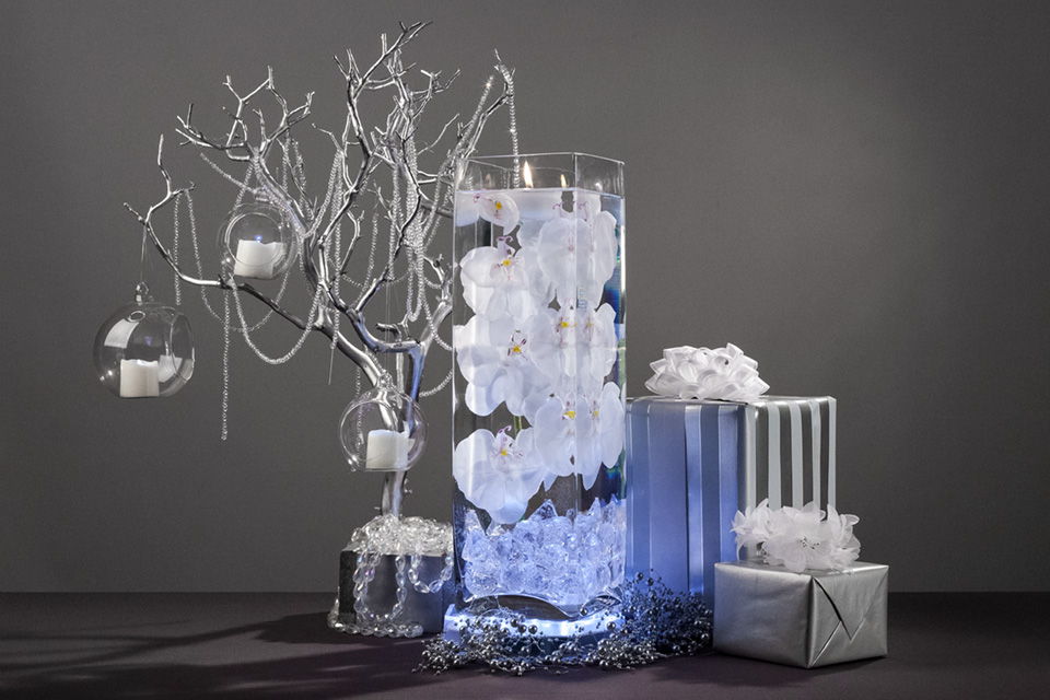 White Floral Centerpiece with LED Lights and Floating Candles